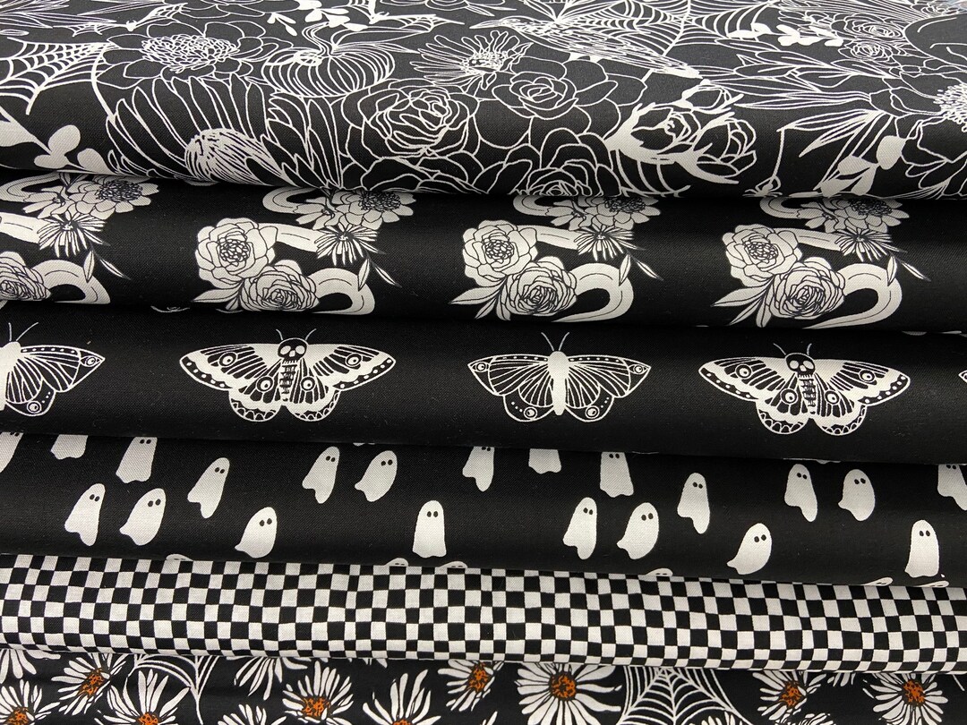 Alli K for Moda Noir Cotton Fabric by 1/4 Metre* Snakes Daisies Moths Ghosts Cobweb Crow Skulls ...