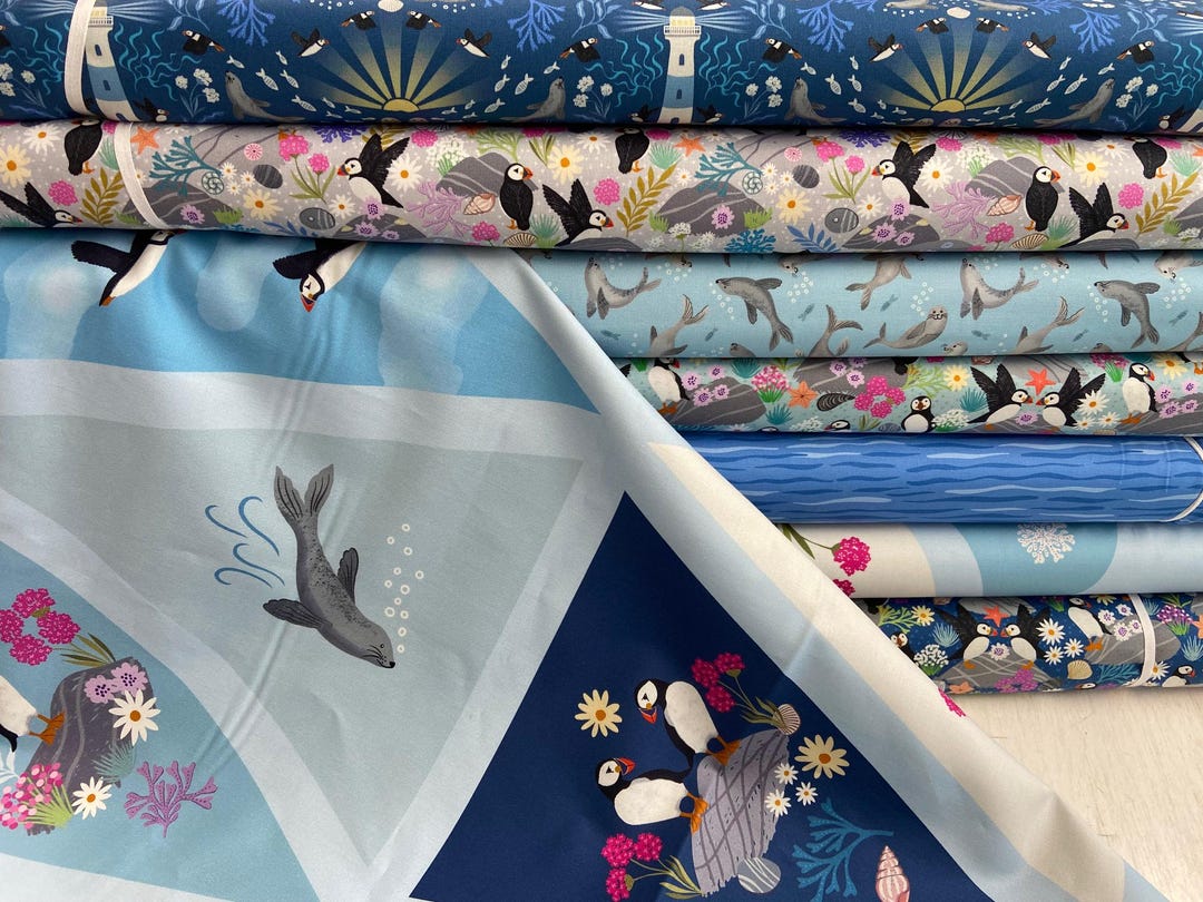 Lewis & Irene Puffin Rock Cotton Fabric by 1/4 Metre* or Bunting Panel ...