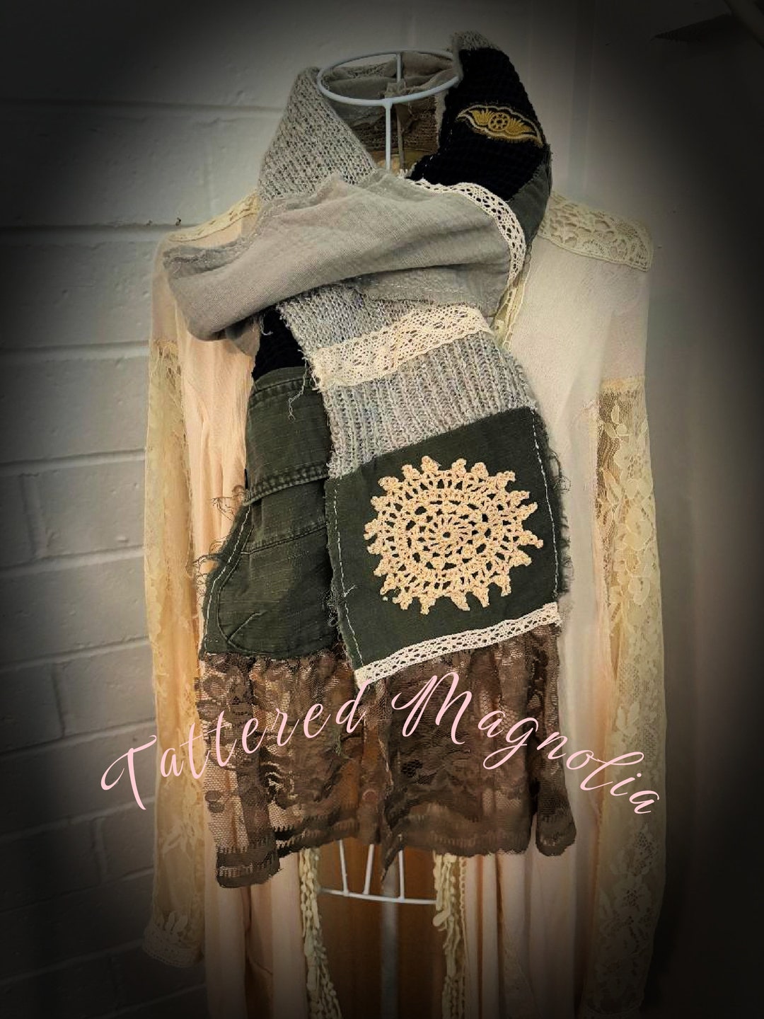 Frayed, Tattered, Vintage Lace & Crochet Scarf Deconstructed Gauze ...