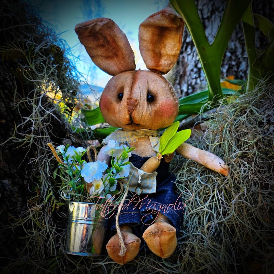 Primitive Folk Art Bunny Doll: "baxter" Grungy Hand-stitched Tattered ...