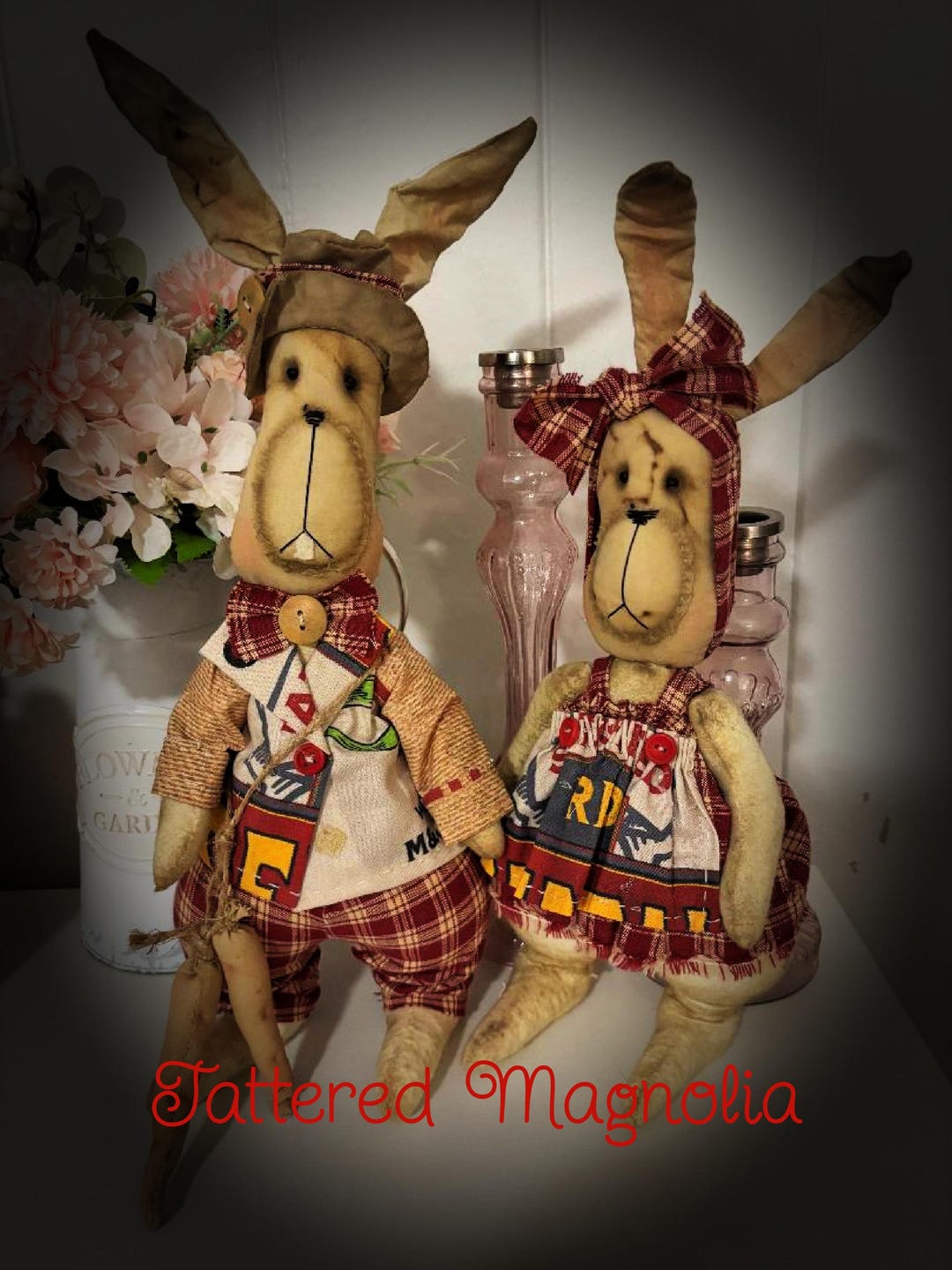 Primitive Folk Art Bunny Rabbit Doll Pair Feed Sack Clothing Hand ...