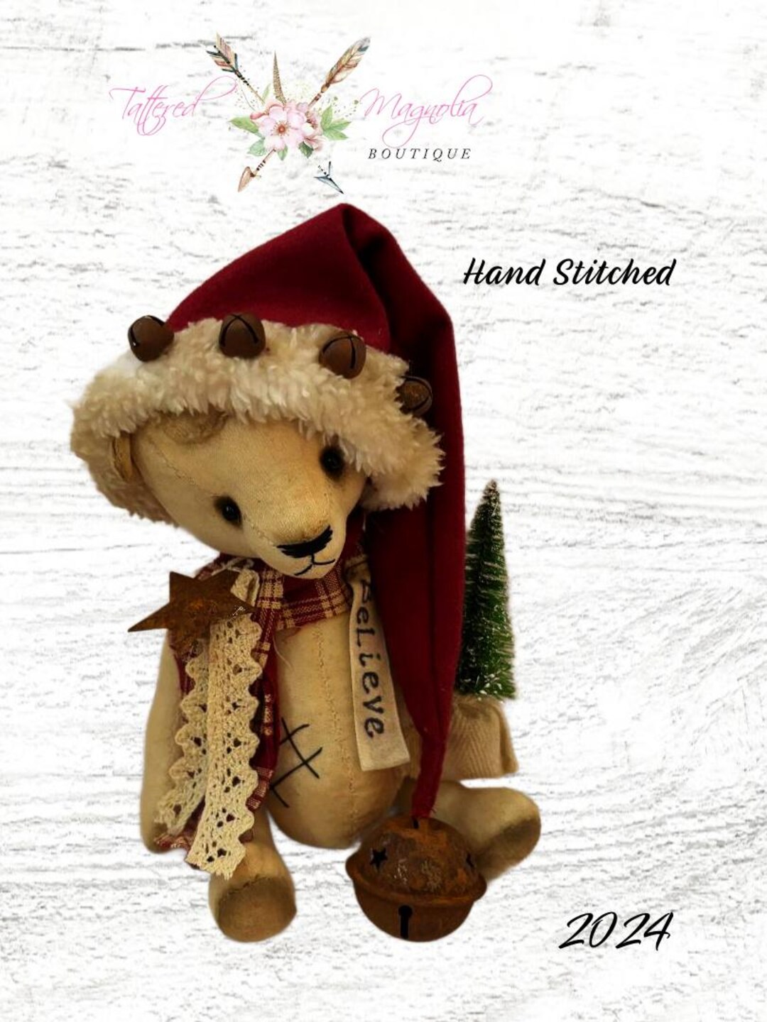 Primitive Vintage Artist Teddy Bear crimson Hand Stitched Jointed ...