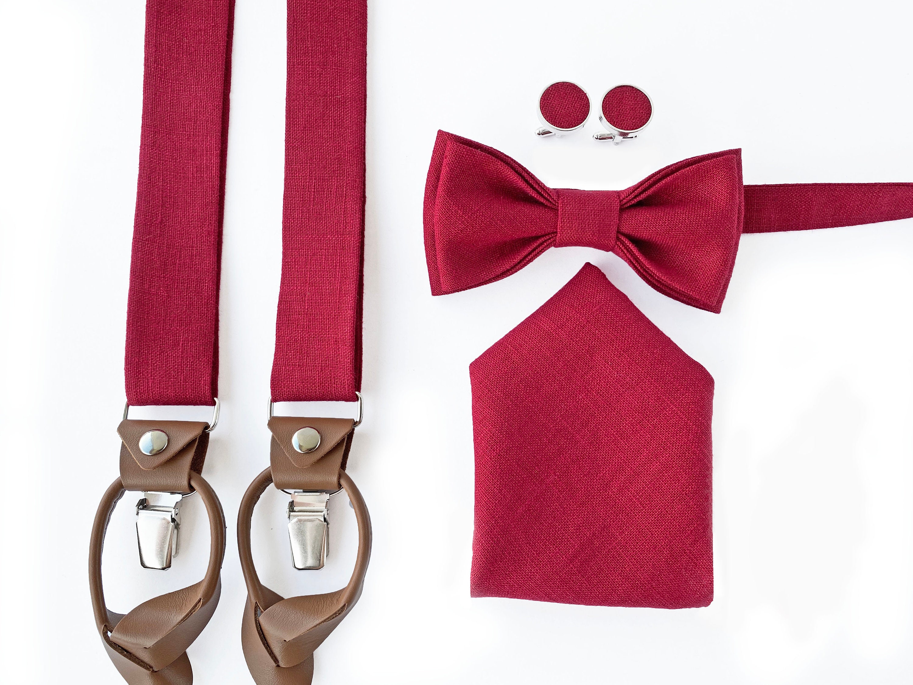 Red Bow Tie Red Suspenders Red Pocket Square Red Cufflinks Etsy