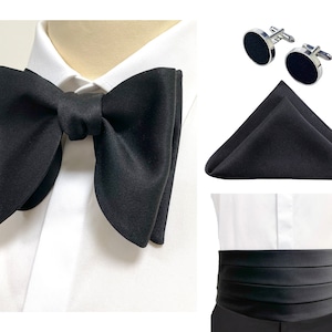 Black Oversized Butterfly Self Tie Bow Tie, Formal Tuxedo Satin Set: Bow Tie, Cufflinks ...