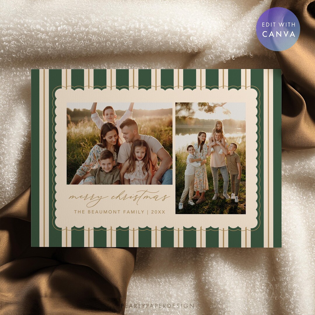 Green Striped Christmas Card With Photo, Landscape Christmas Card With ...