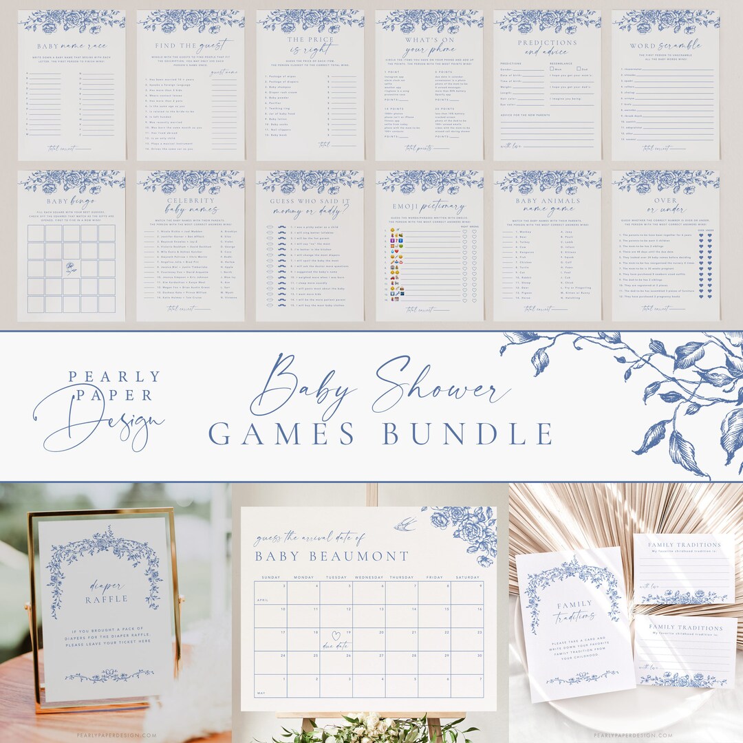 Blue Floral Baby Shower Game Bundle, Toile Baby Game Bundle Template ...