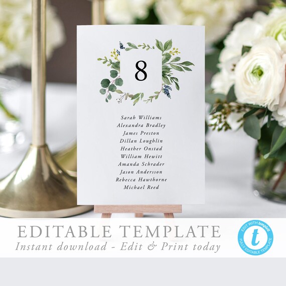 Table Number Seating Cards Template Editable Wedding Table - Etsy