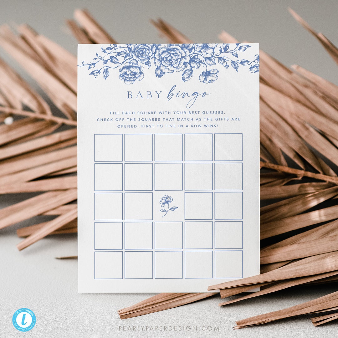 Dusty Blue Floral Bingo Game Template, Toile Baby Shower Bingo, Vintage ...