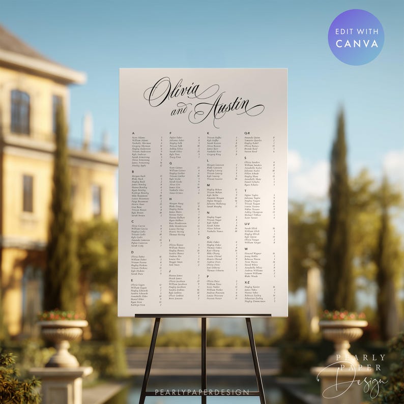 Alphabetical Seating Chart Template, Elegant Wedding Seating Sign ...