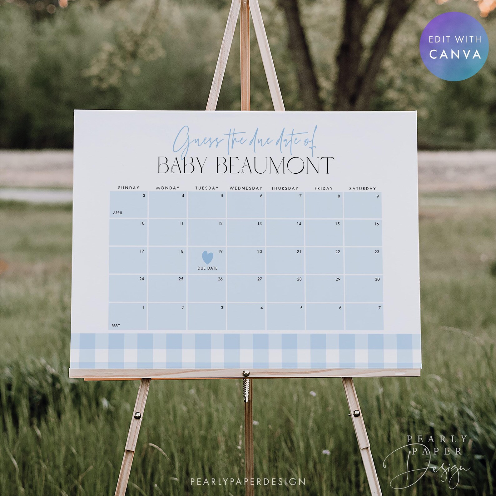 Blue Gingham Due Date Calendar Sign, Boy Baby Shower Calendar Game ...