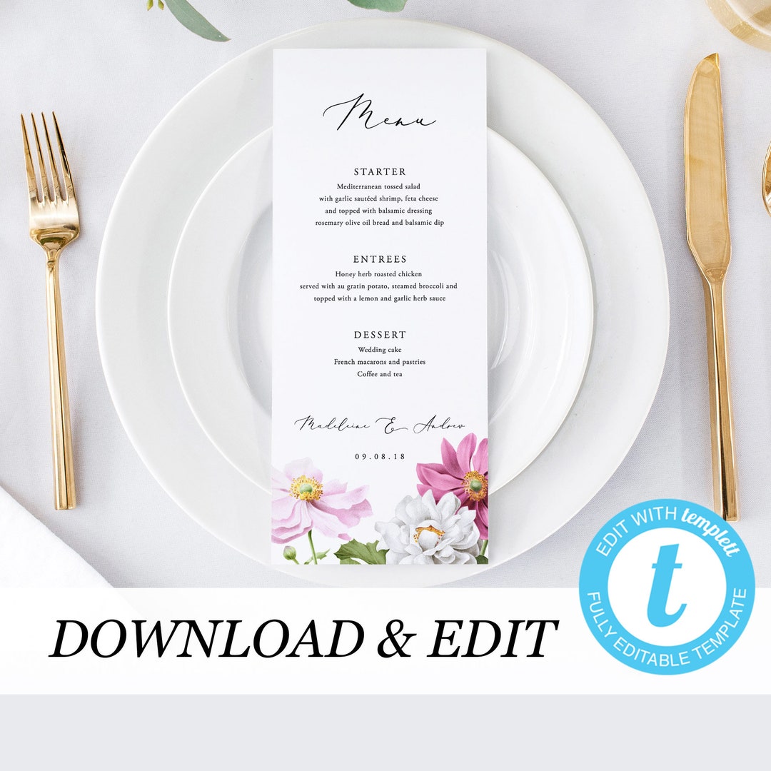 Floral Wedding Menu Template, Simple Wedding Menu, Elegant Menu Cards ...