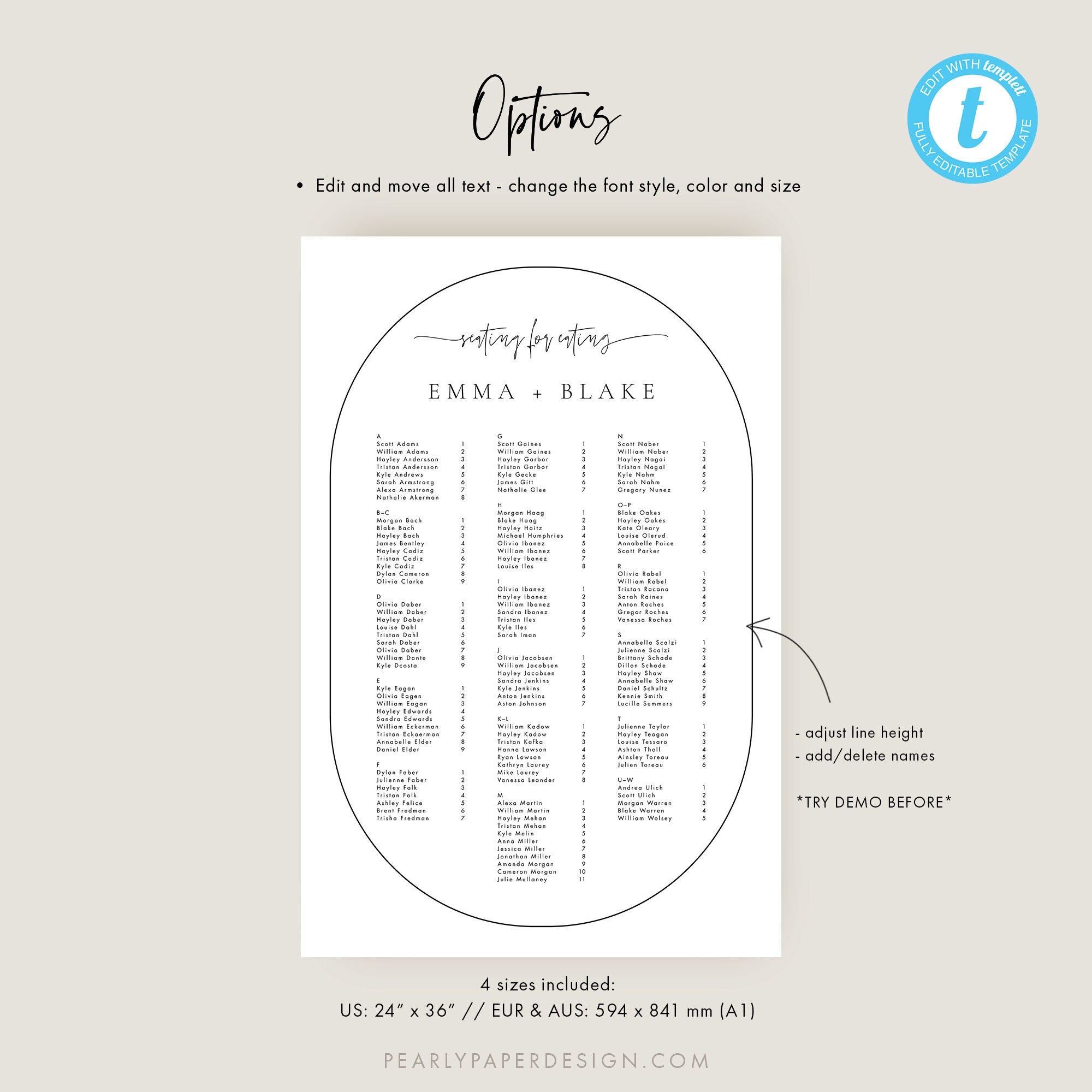 Oval Alphabetical Seating Chart Template Download Double Arch - Etsy