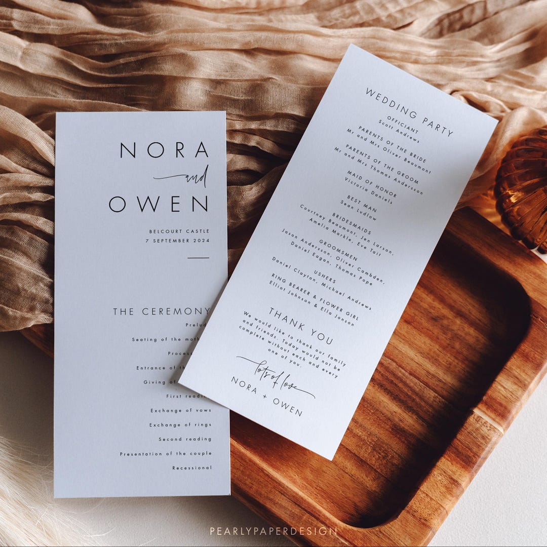 Minimalist Wedding Program Template, Modern Order of Service Template ...