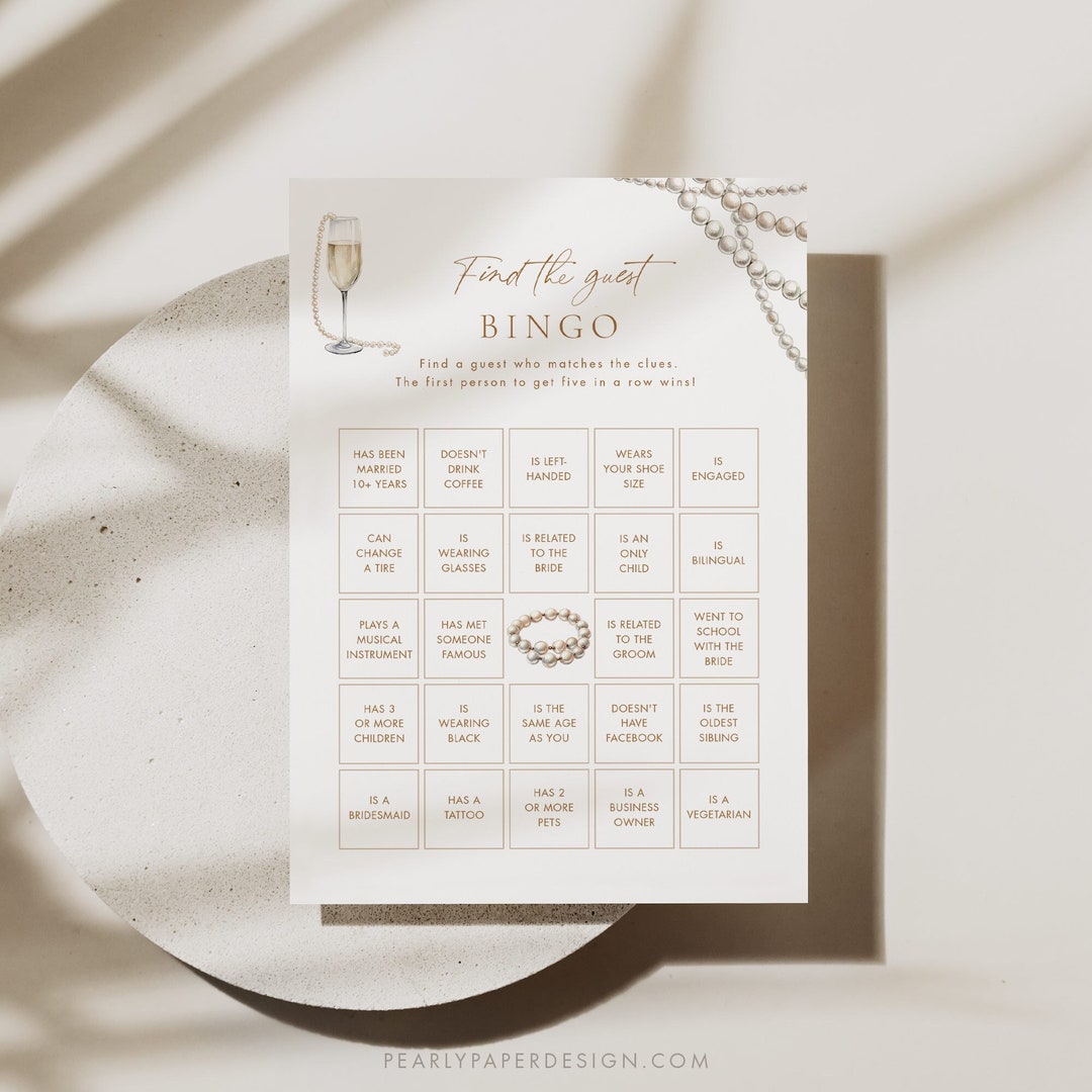 Find the Guest Bingo Game Template, Pearls and Prosecco Bridal Bingo ...