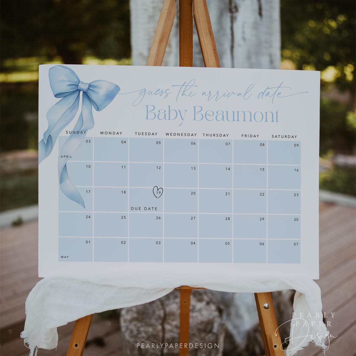 Blue Bow Due Date Calendar Sign Template, Coquette Baby Shower Calendar ...