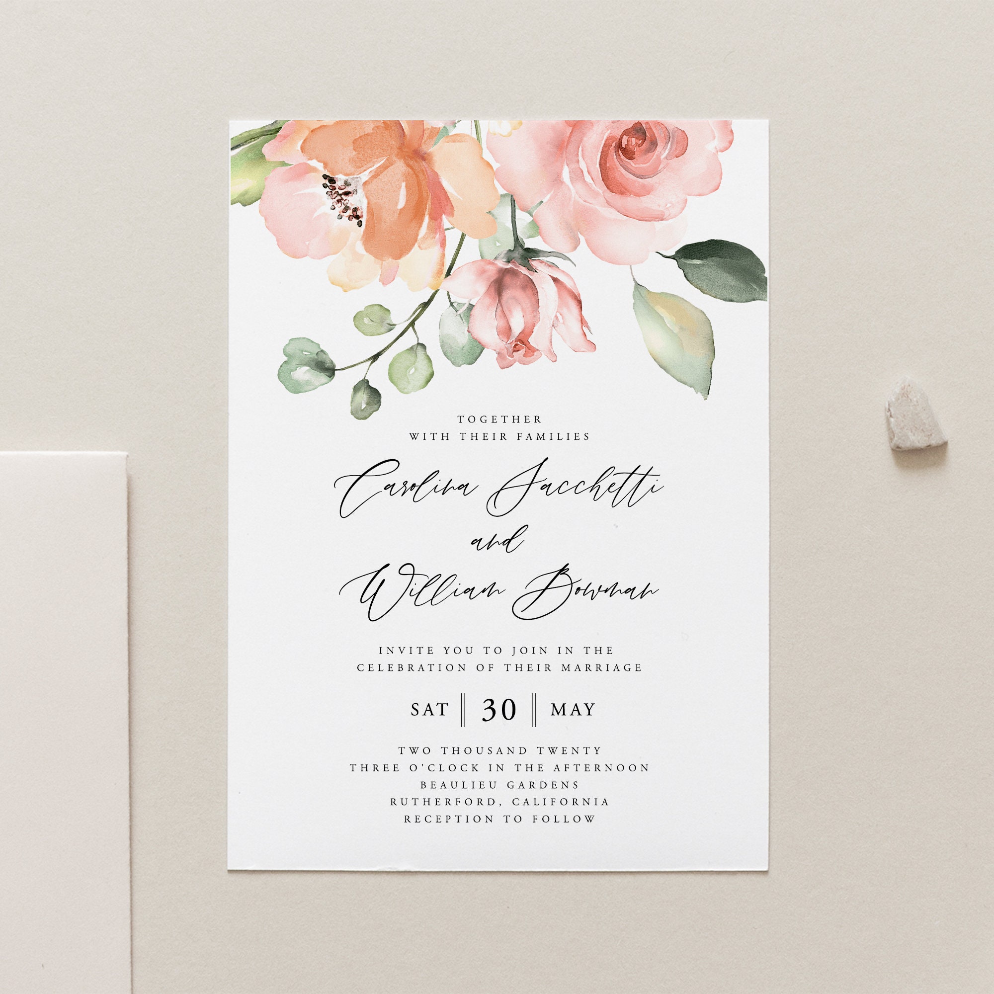 Wedding Invitation Template Download Peach and Pink Floral | Etsy