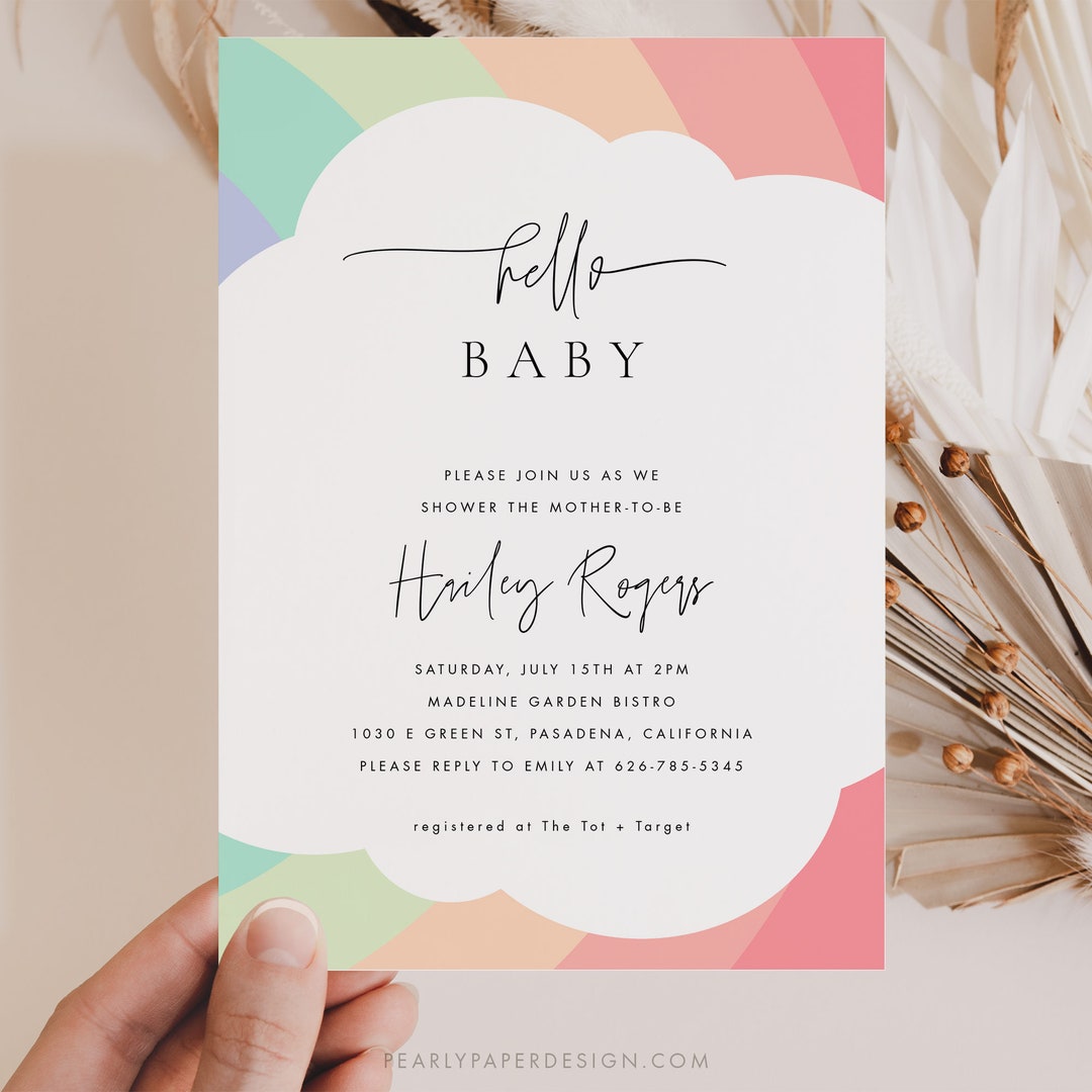 Hello Baby Shower Invitation Template, Rainbow Baby Shower Invite, Boho ...