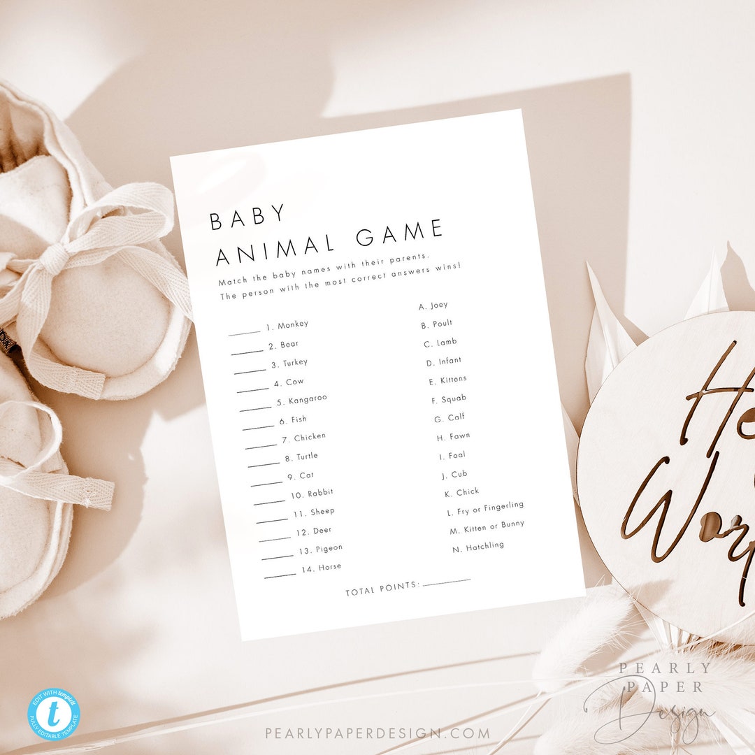 Baby Animals Game Template, Printable Baby Shower Games, Minimalist ...