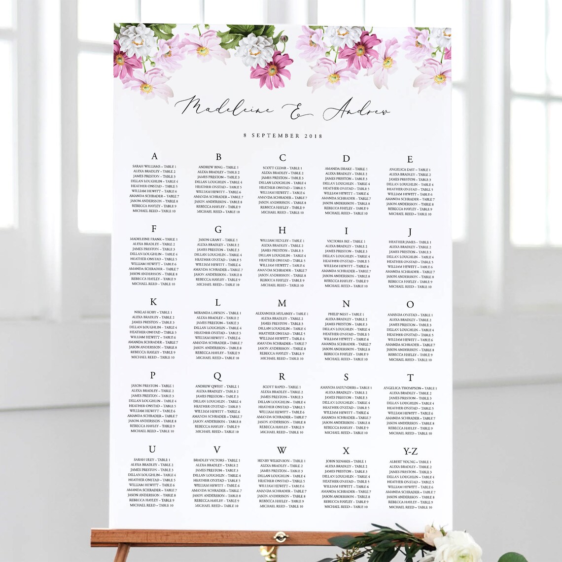 Seating Chart Alphabetical Floral Alphabetized Seating Chart | Etsy