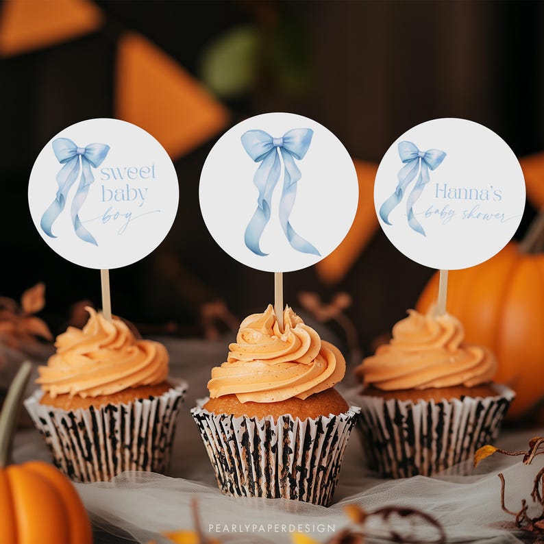 Blue Bow Cupcake Toppers Template, Coquette Baby Boy Shower Cupcake ...