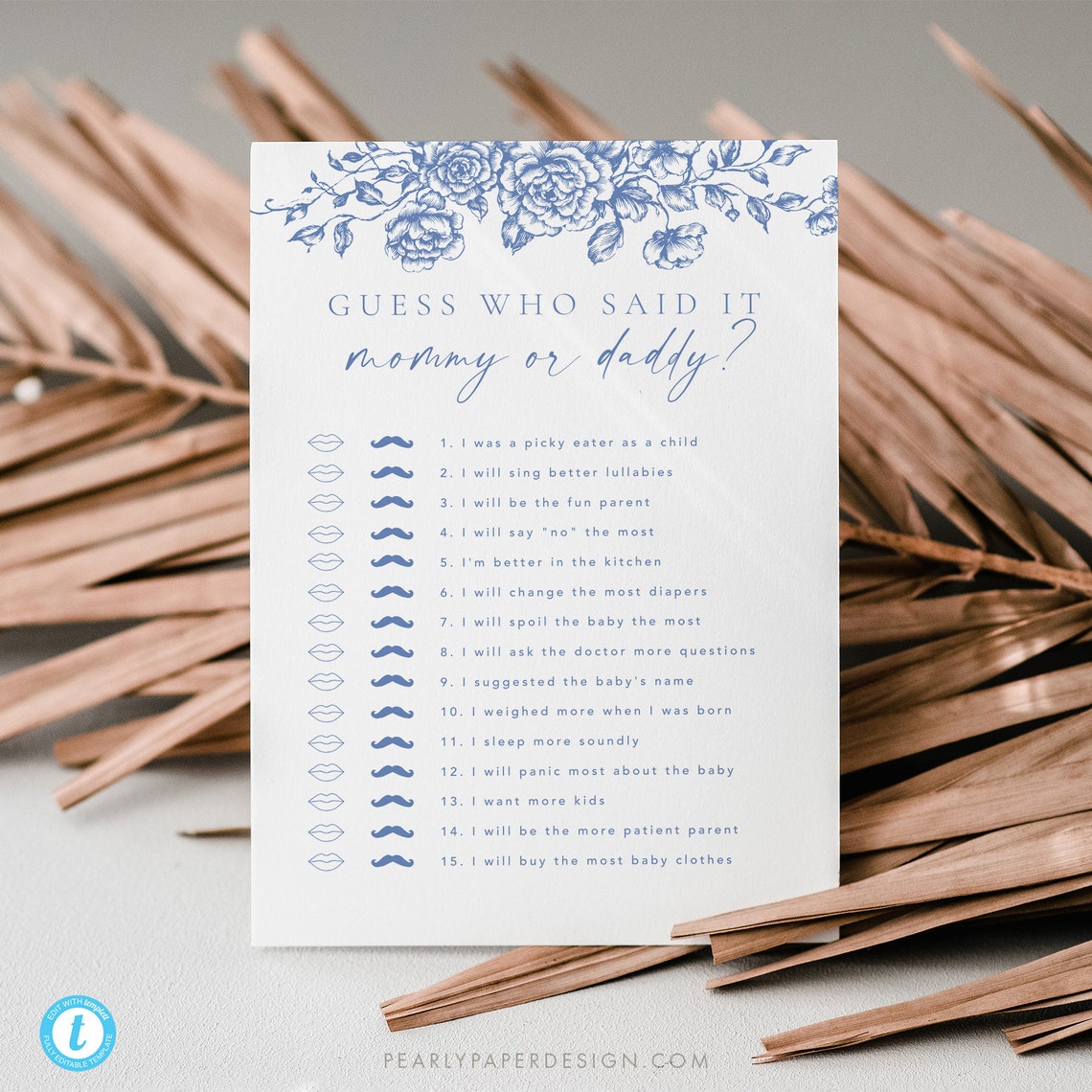 Guess Who Said It Template, Printable Baby Shower Games, Blue Floral ...