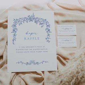 Diaper Raffle Game Template, Blue Floral Baby Shower Game, Toile Baby ...