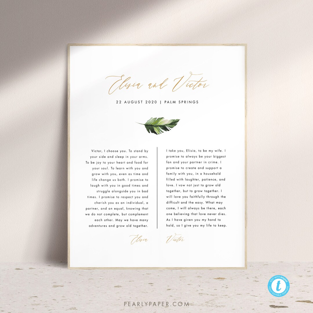 Printable Wedding Vows Template Download Tropical Vows Anniversary Gift ...