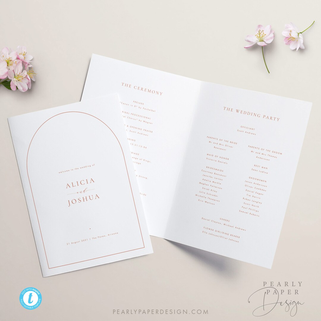 Arched Wedding Program Booklet Template, Terracotta Wedding Ceremony ...