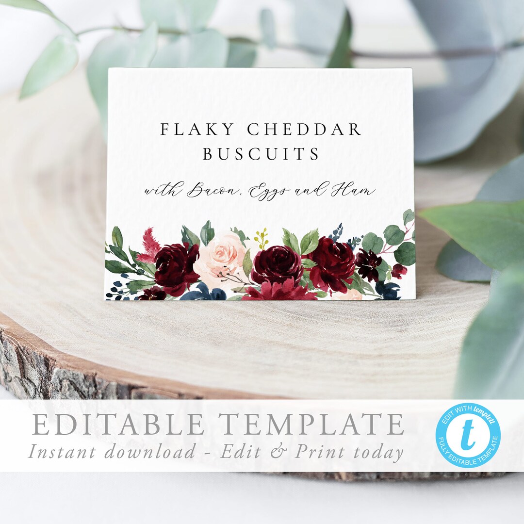 Buffet Card Editable Template Wedding Food Label Burgundy and Navy ...