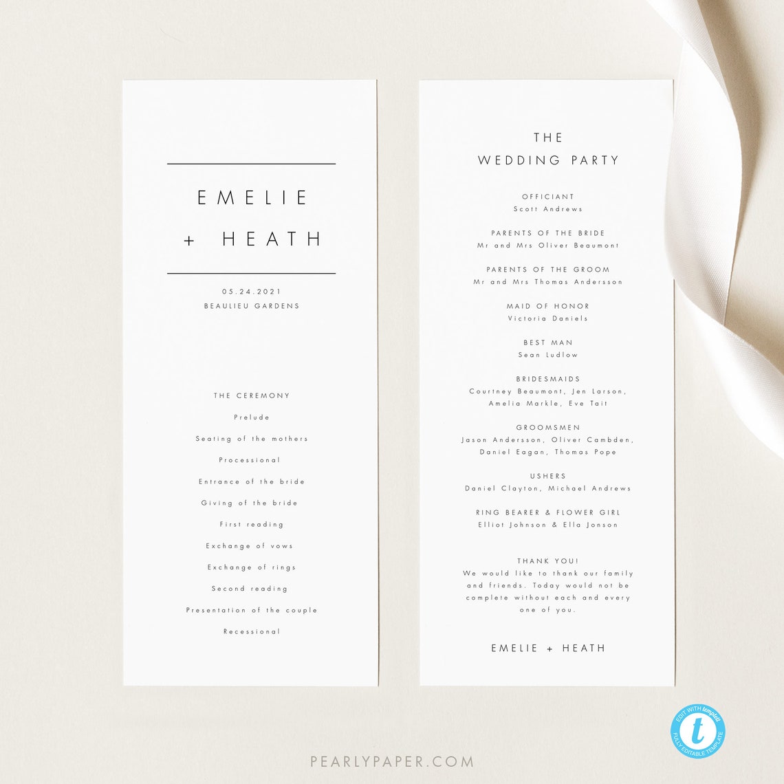 Modern Wedding Program Template Simple Ceremony Program | Etsy