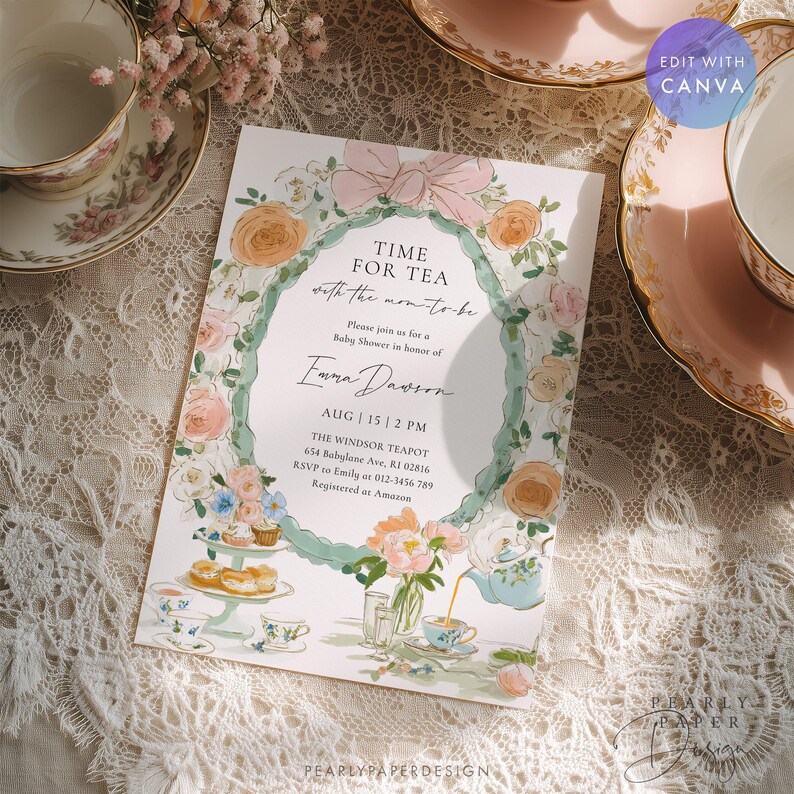 Tea Party Baby Shower Invitation Set, Books for Baby, Diaper Raffle ...