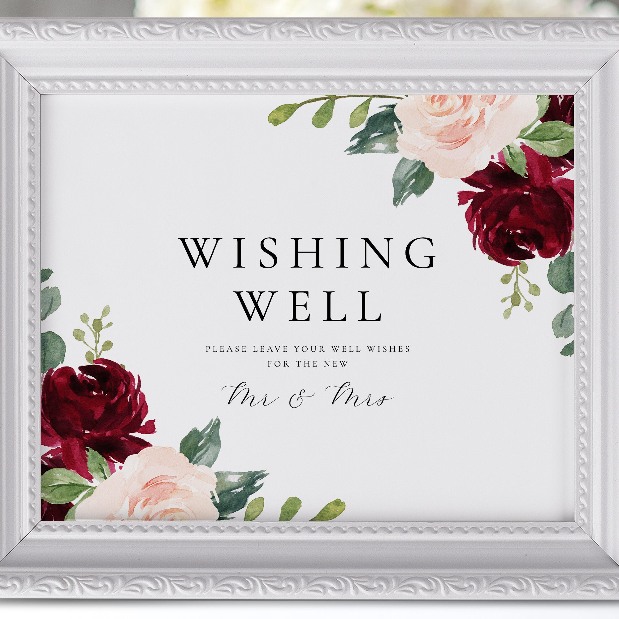 Wishing Well Sign Editable Wishing Well Template Burgundy Floral Table ...