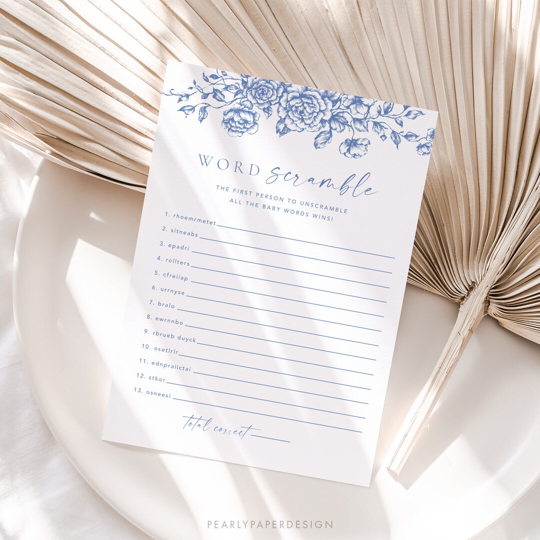 Blue Floral Baby Word Scramble Game Template, Toile Baby Shower Word ...