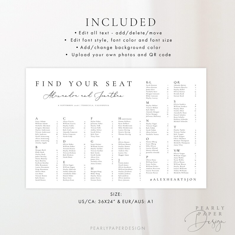 Alphabetical Seating Chart Template, Minimalist Wedding Seating Sign ...