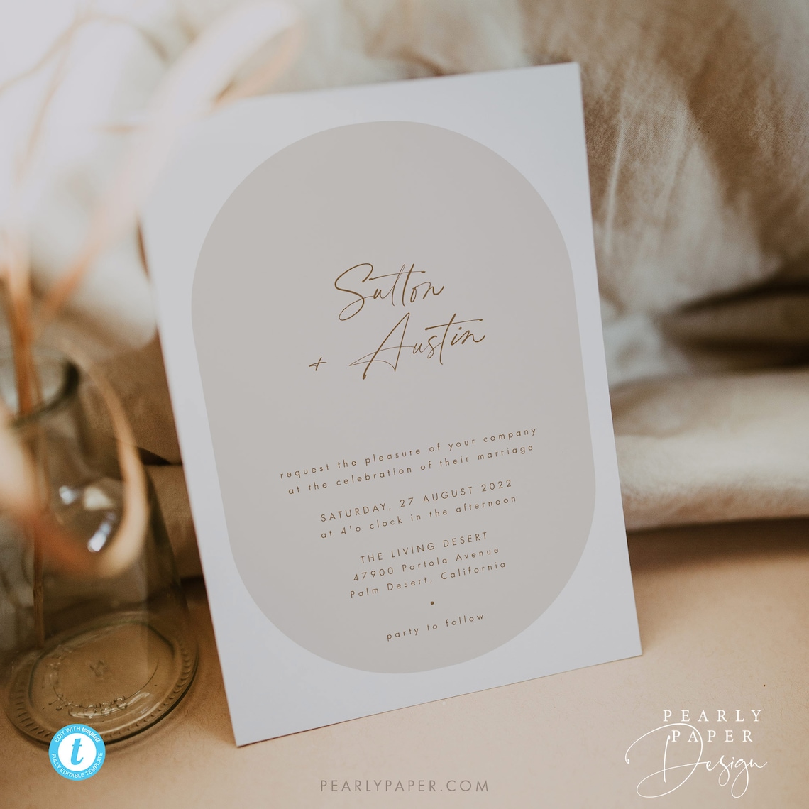 Beige Wedding Invitation Template Digital Download Oval | Etsy
