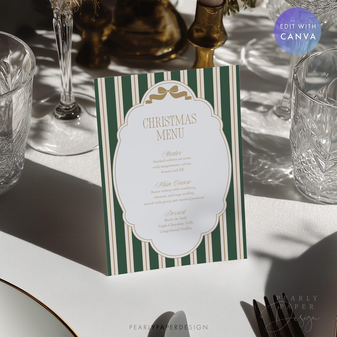Green Christmas Menu Template, Modern Holiday Menu, Striped Christmas ...