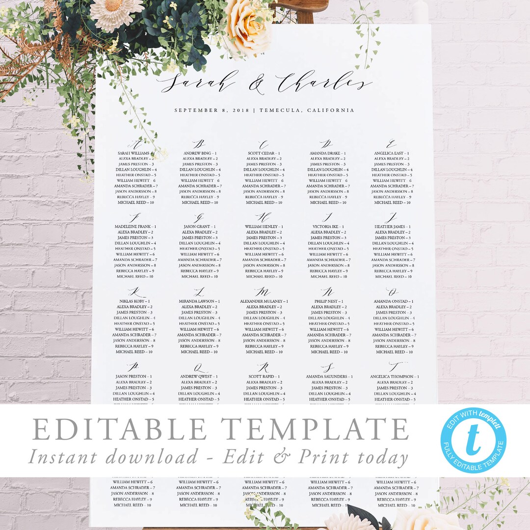 Alphabetical Seating Chart Template Modern Wedding Seating Poster ...