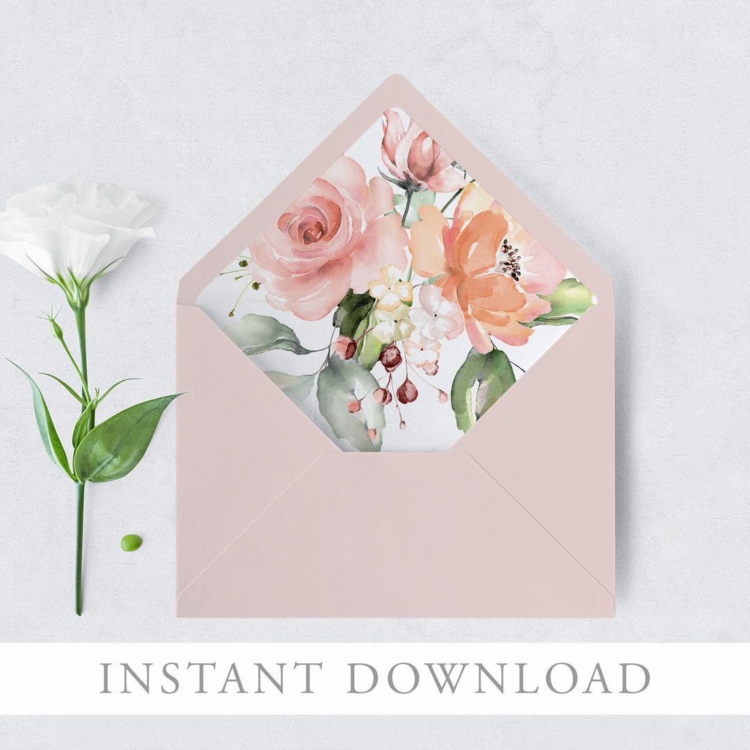 Envelope Liner Template Floral Envelope Liner Printable Wedding Peach ...
