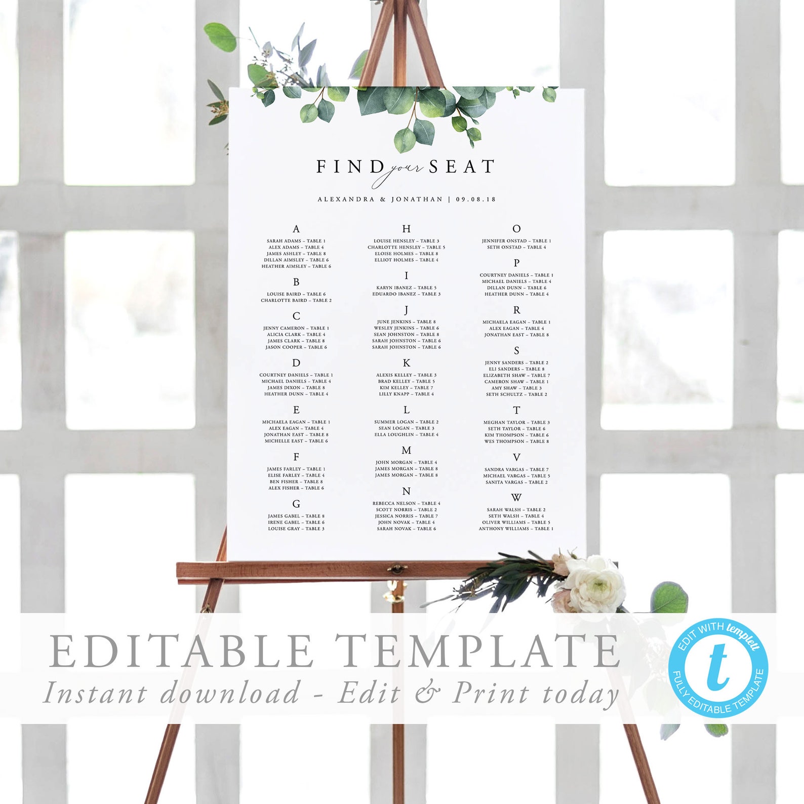 Alphabetical Seating Chart Sign Template Editable Eucalyptus Rustic ...