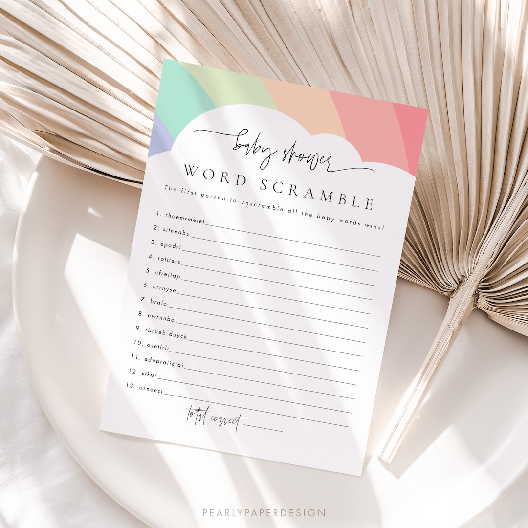 Rainbow Baby Word Scramble Game Template, Boho Baby Shower Word ...