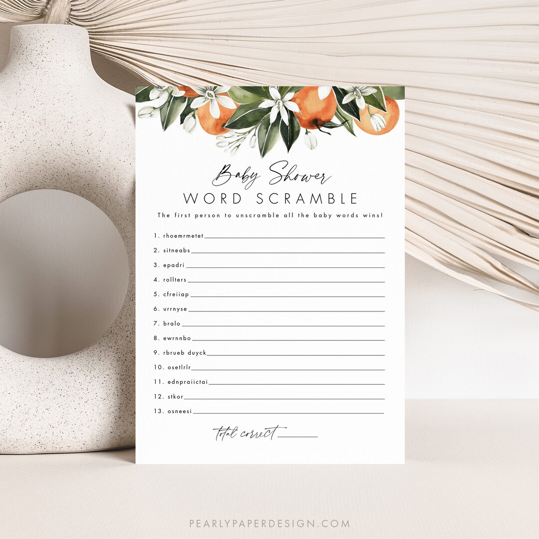 Citrus Baby Word Scramble Game Template, Oranges Baby Shower Word ...