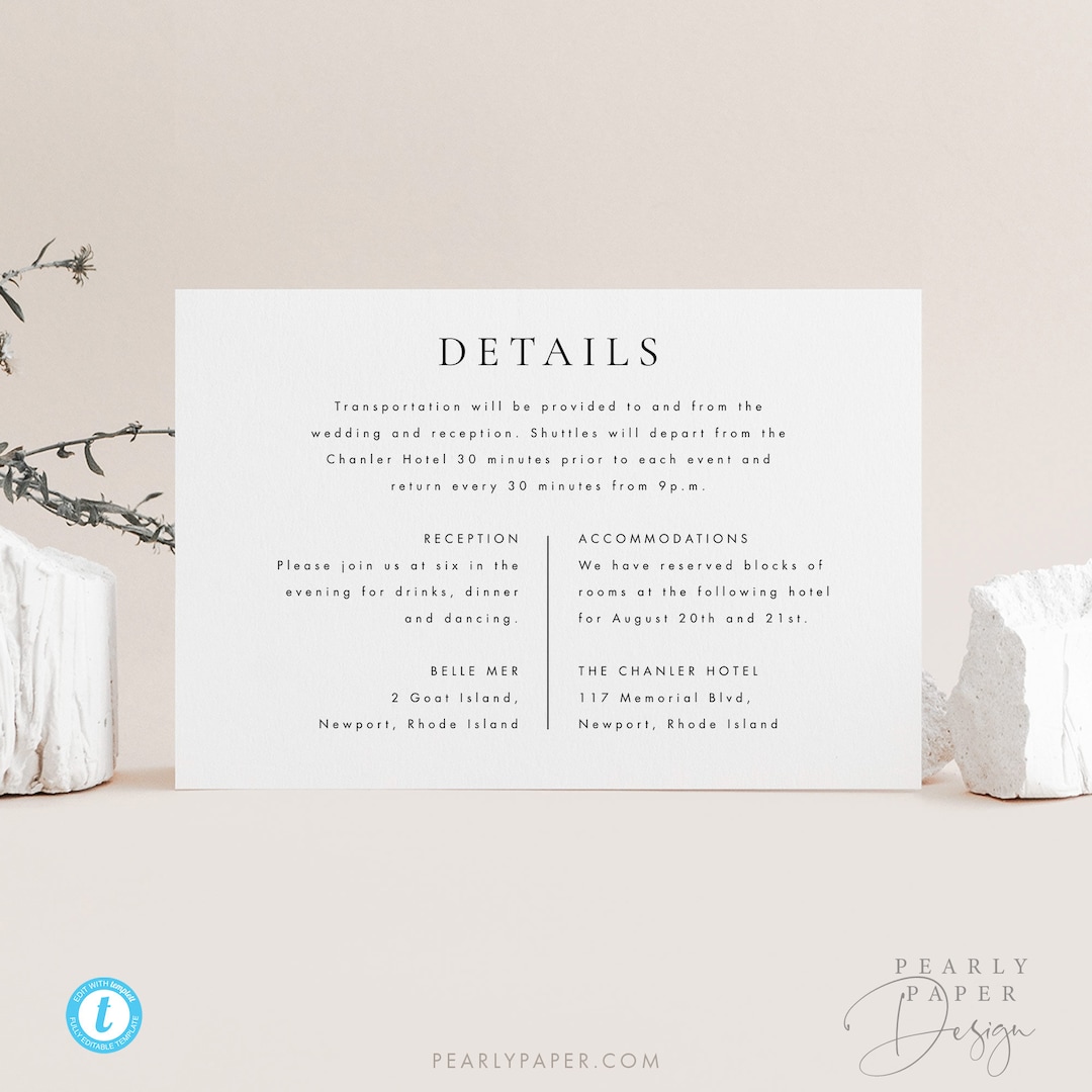 Details Card Template, Details Card Wedding Insert Printable Minimal ...