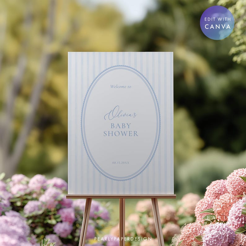 Blue Striped Baby Shower Welcome Sign Template (canva) - Etsy