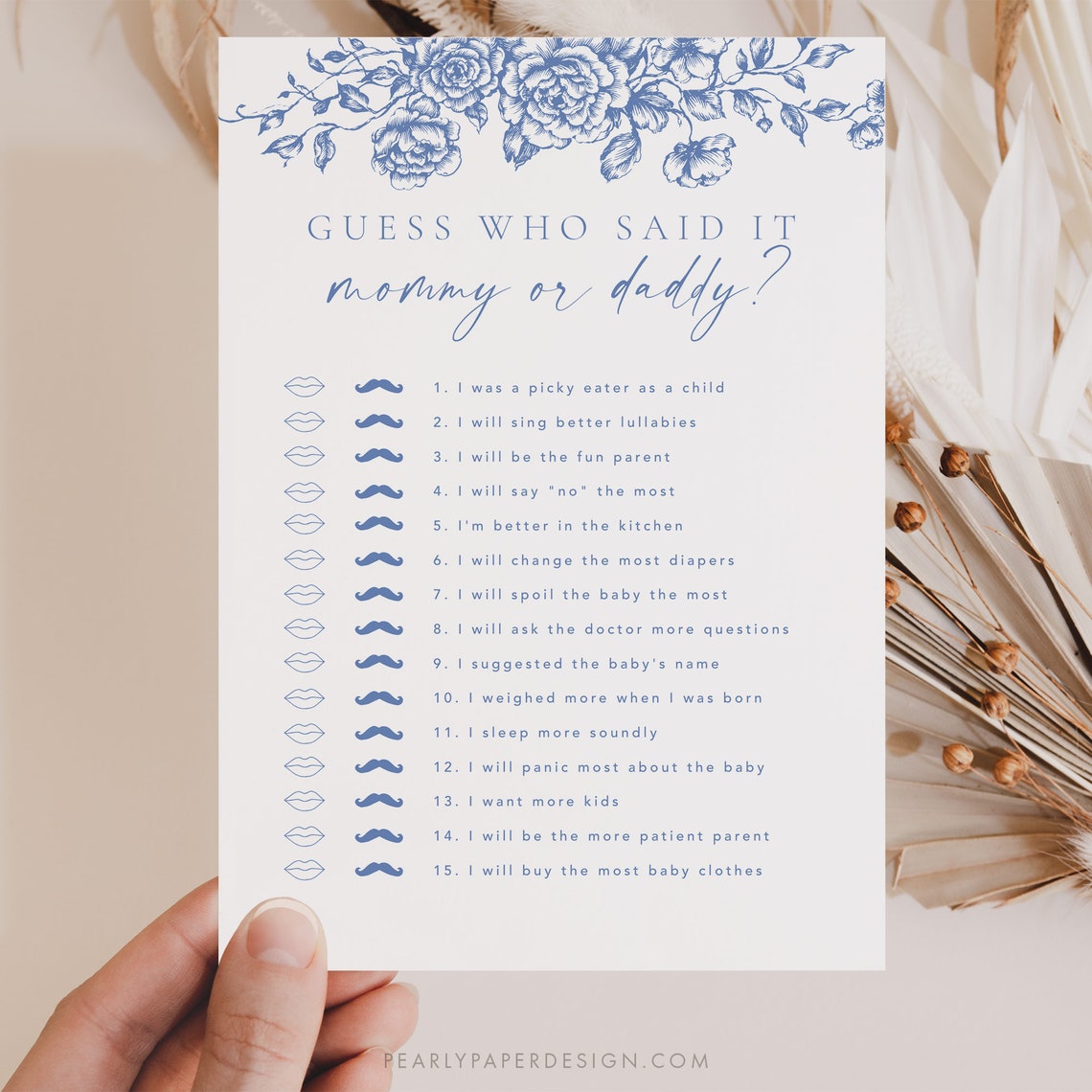 Guess Who Said It Template, Printable Baby Shower Games, Blue Floral ...