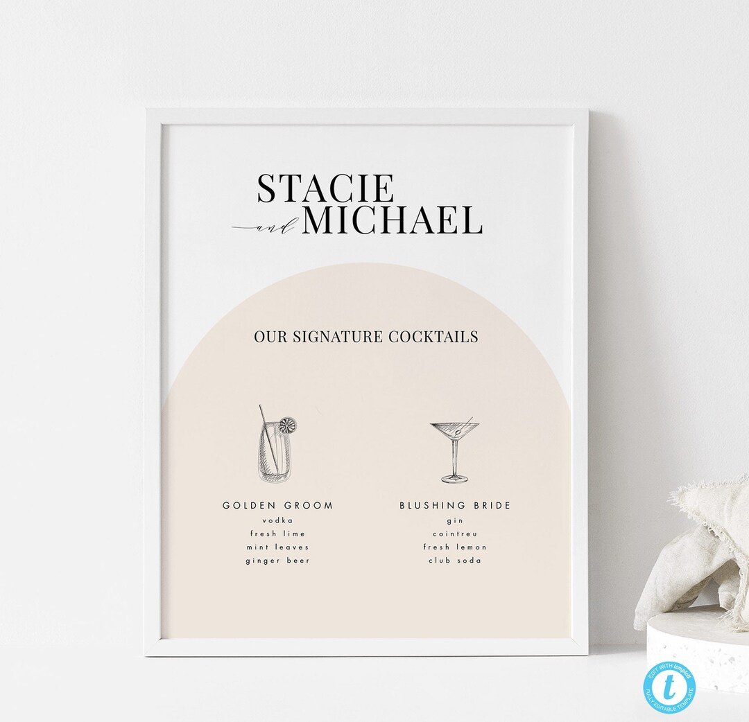 Signature Cocktails Sign Template Download Arched Modern Wedding Bar ...
