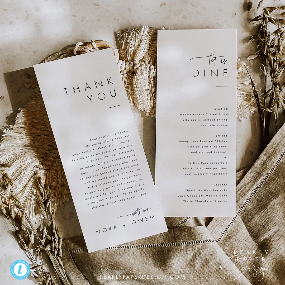 Modern Thank You and Menu Template Download Elegant Wedding Menu Napkin ...