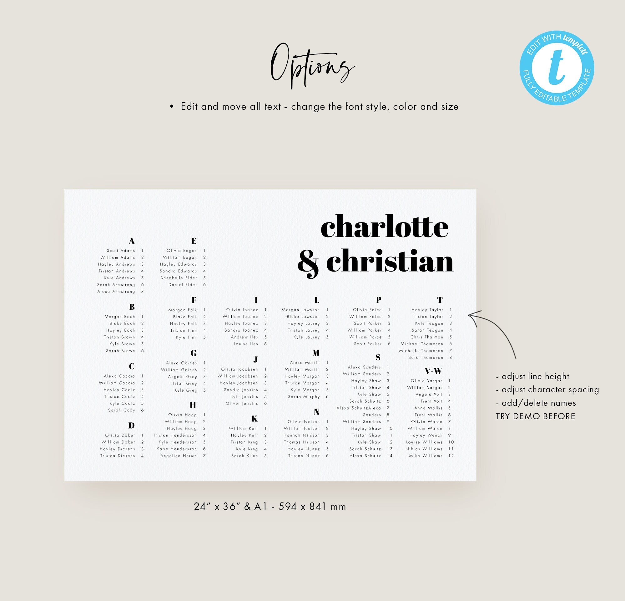 Modern Alphabetical Seating Chart Template Download Minimalist Seating ...