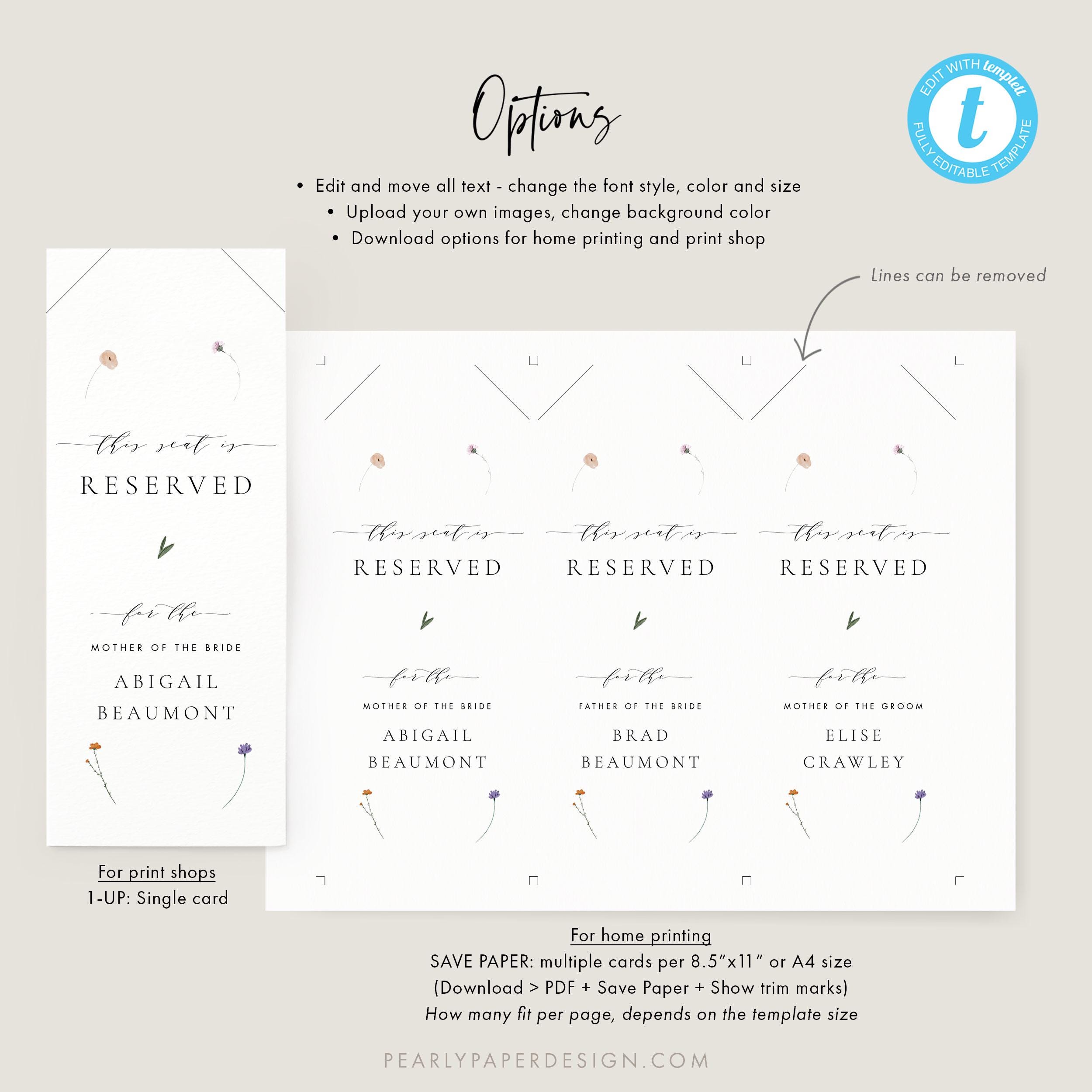 Wildflower Seating Tag Template, Reserved Seating Tag, Printable Chair ...