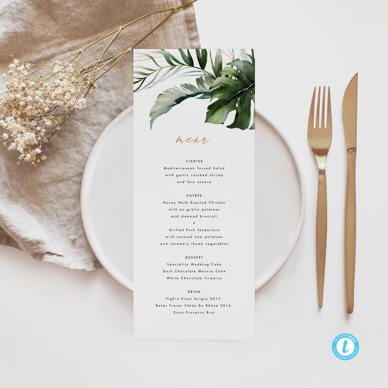 Tropical Menu Template Download Modern Wedding Menu | Etsy