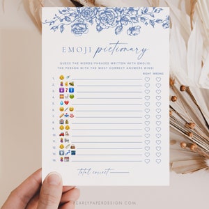 Emoji Pictionary Game Template, Blue Floral Baby Shower Emoji Game ...